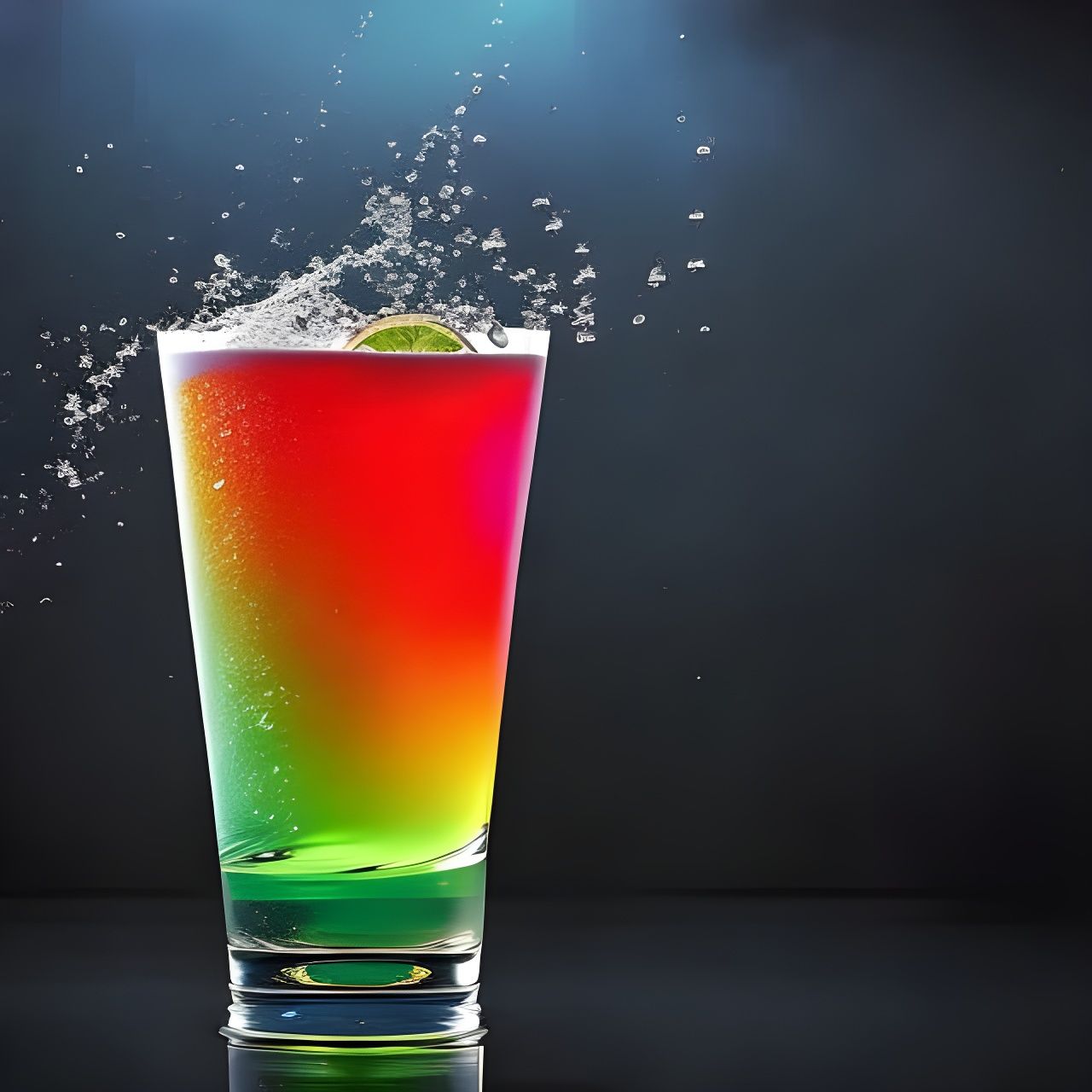 Delicious cold refreshing rainbow juice in a tall glass cup with ice ...