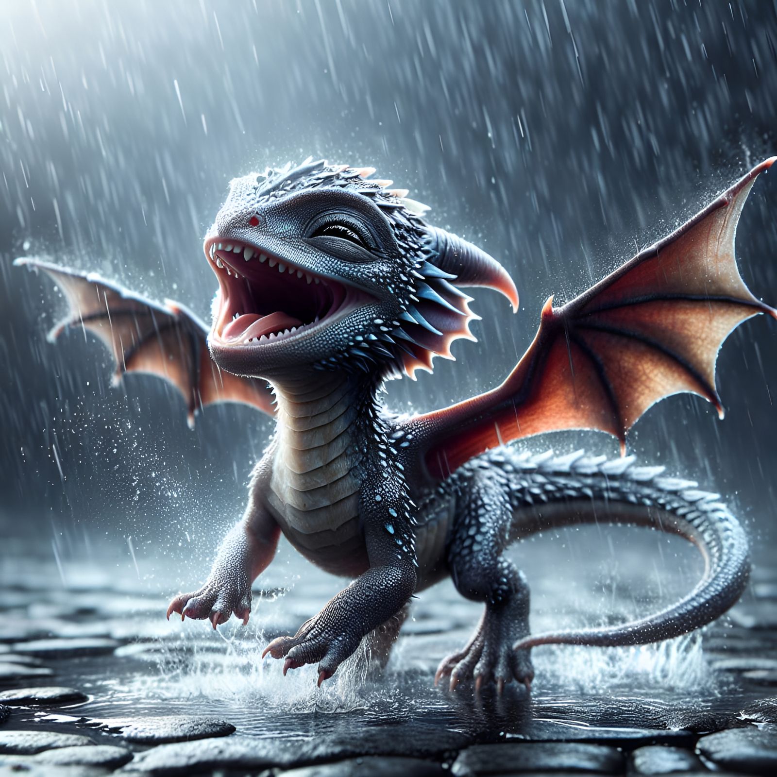 photorealistic, baby dragon laughing in the rain - AI Generated Artwork ...