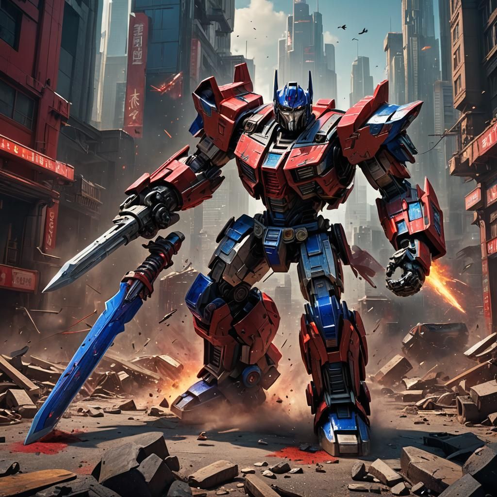 Robot fighting. Autobot Optimus Prime Transformer strikes with his ...