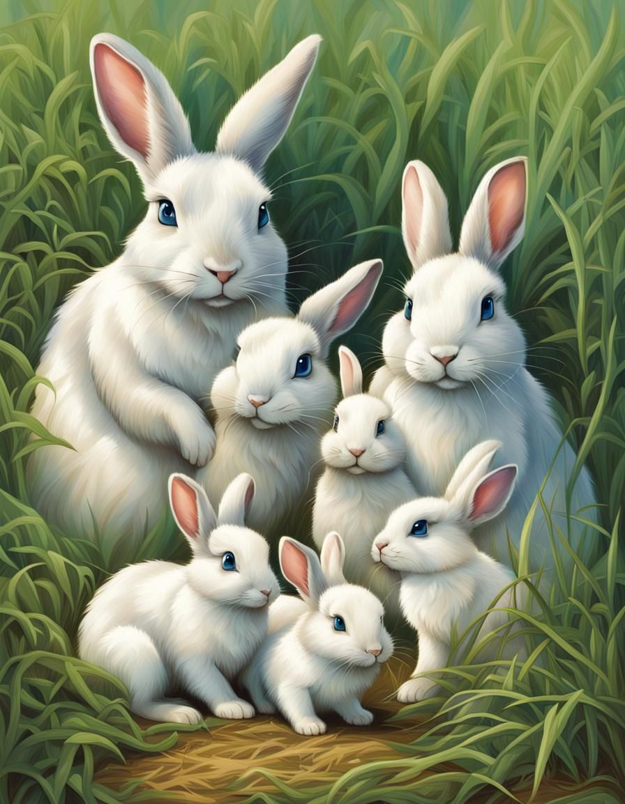 A rabbit family with a father, mother, and three little rabbits. They ...