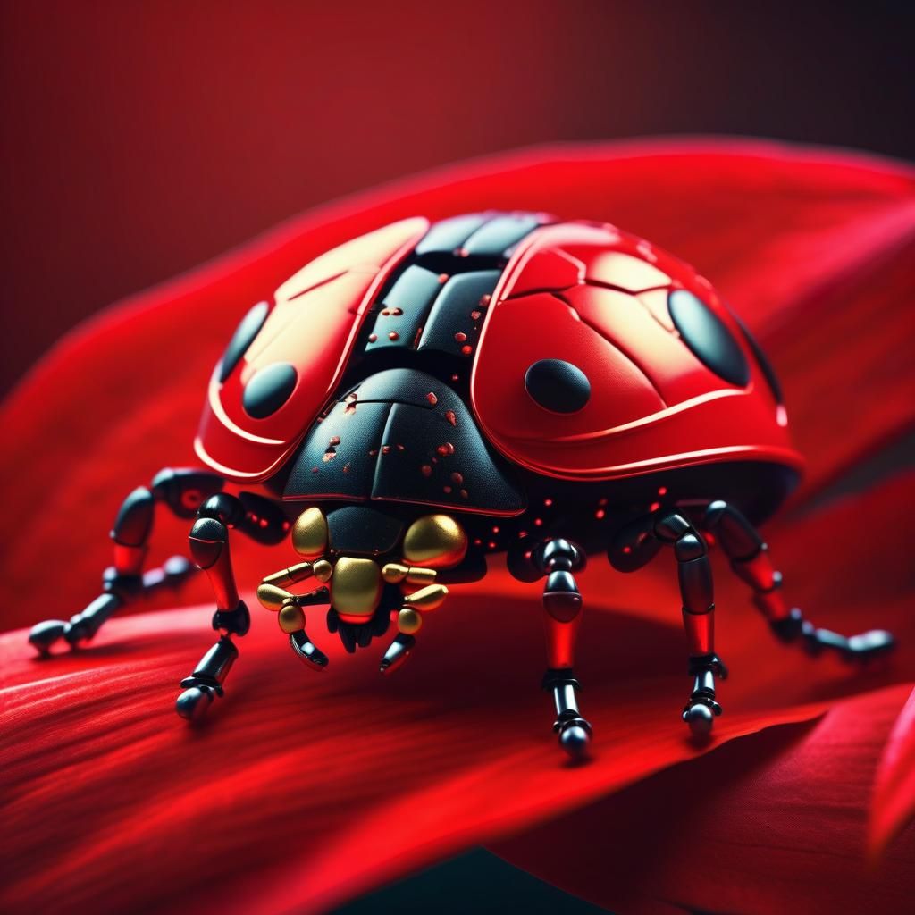 a small robotic insect in the shape of a ladybug, light circuit, metallic colors red black gold ...