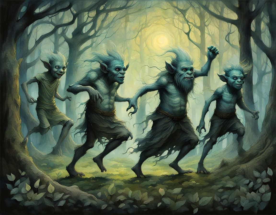 Happy troll monsters dancing in a woodland clearing - AI Generated ...