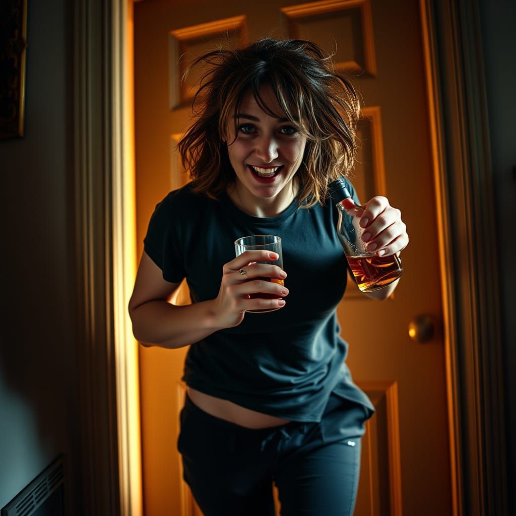 A Drunken Woman Stumbles Towards the Door, Offerin... - AI Art