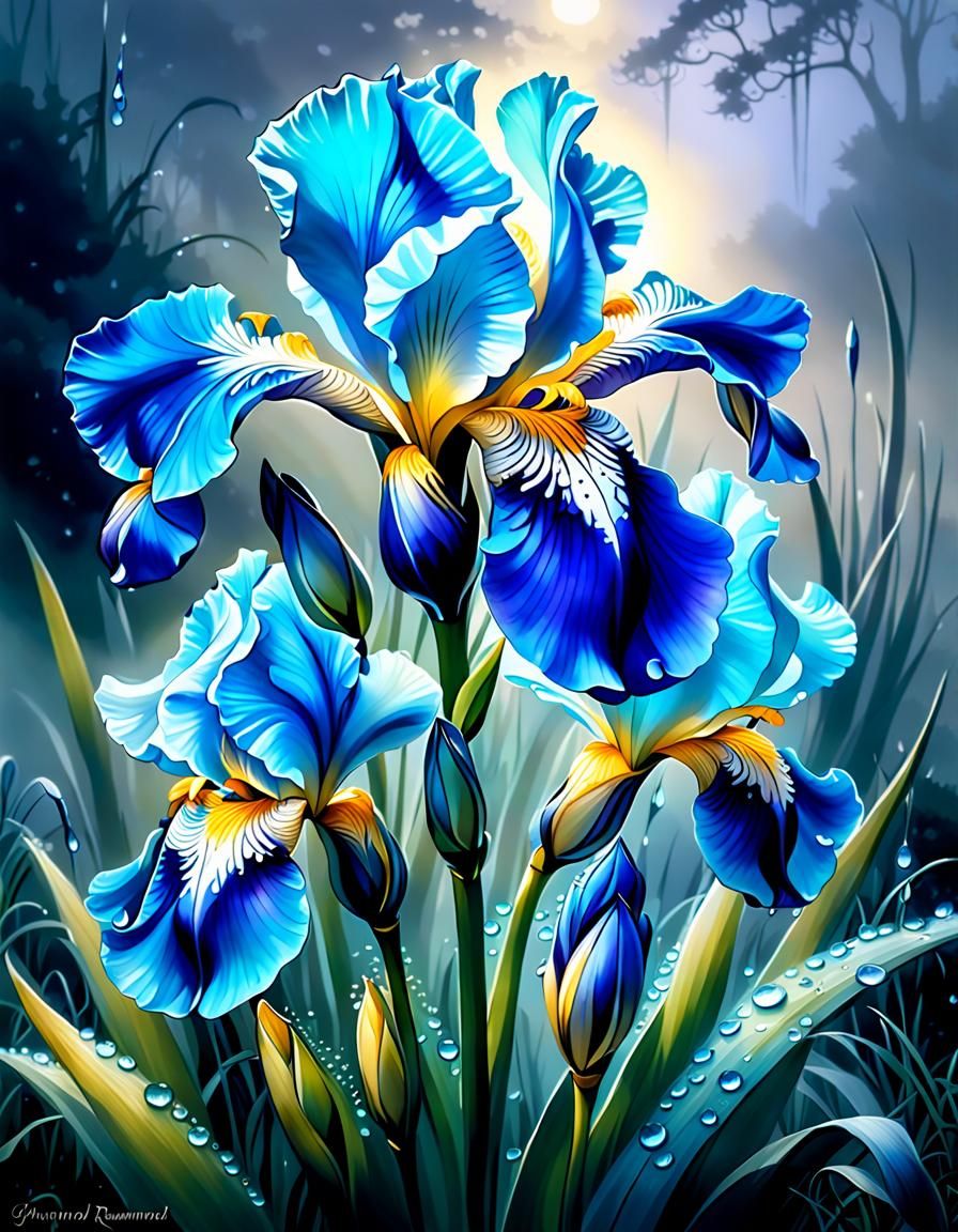 Azure iris - Azure Iris Blooms in Ethereal Moonlit Mist