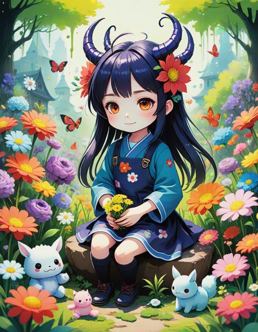 Chibi Demon Twins Cultivate Whimsical Spring Garde... - AI Art