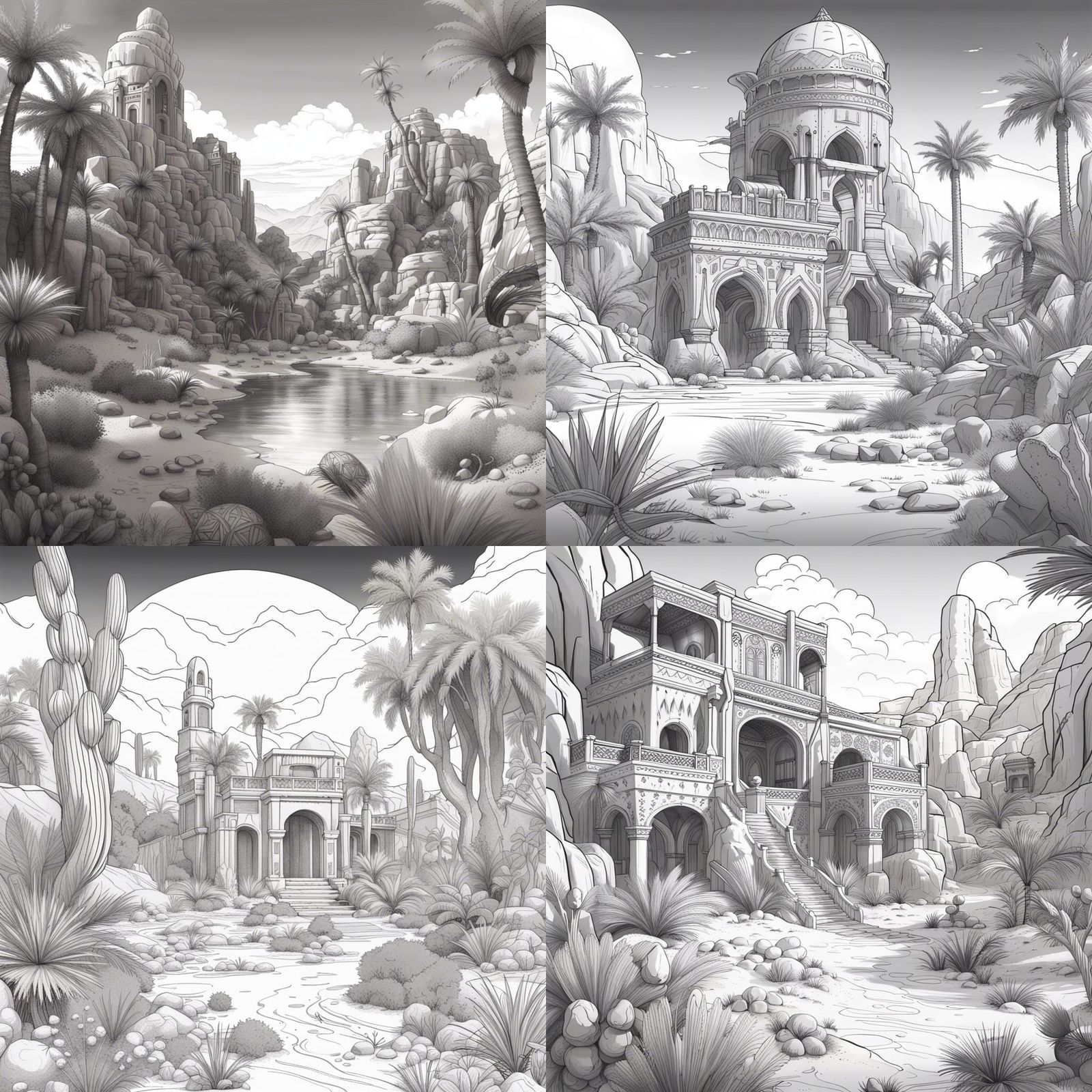 Desert Oasis coloring book for outline art, drawing, sketch, black and ...