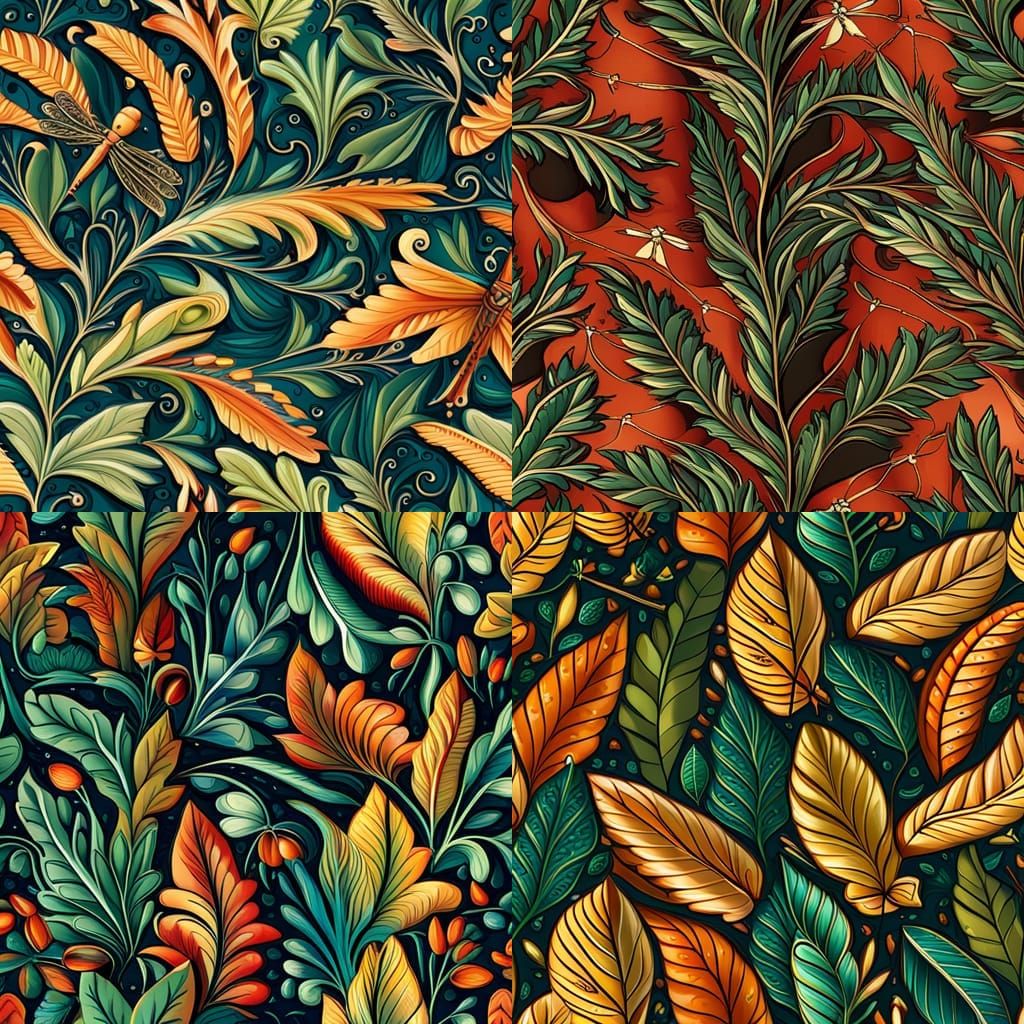 Tileable textile pattern of leaves and dragonflies in the Beaux Arts ...