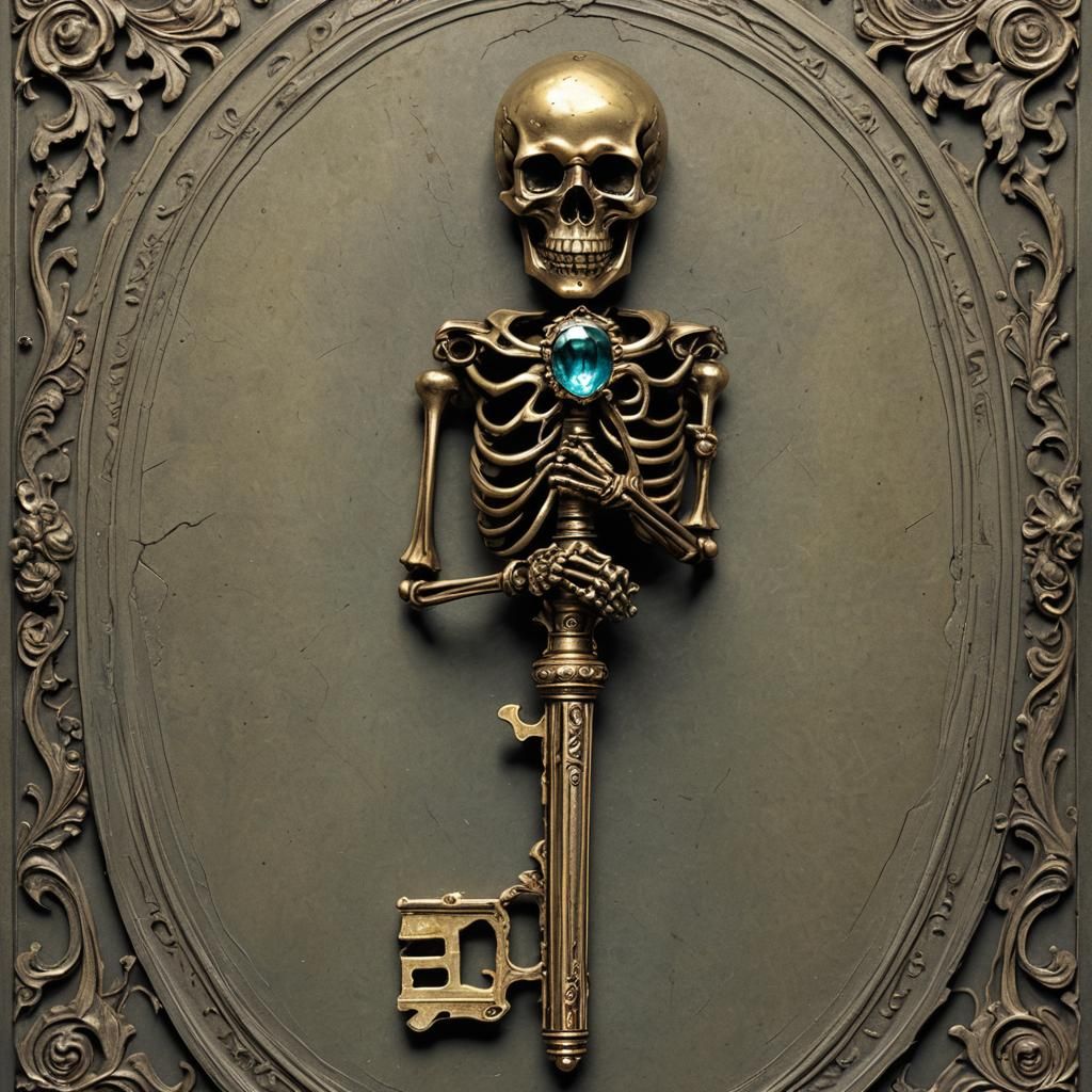 victorian key with a gem inset in the middle being held by a skeleton ...