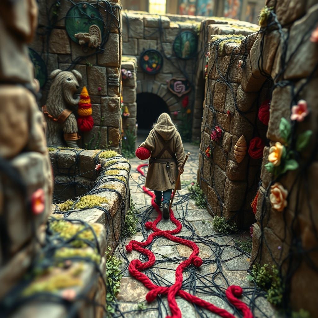 Unraveling colorful felted wool art of a high walled maze , a lone ...