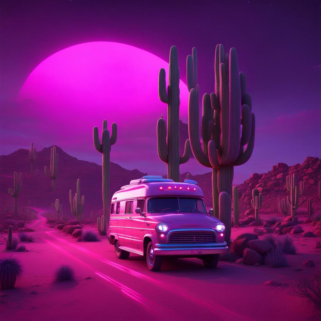 Rv vehicle pink neon road purple neon desert sky led cactus - AI ...