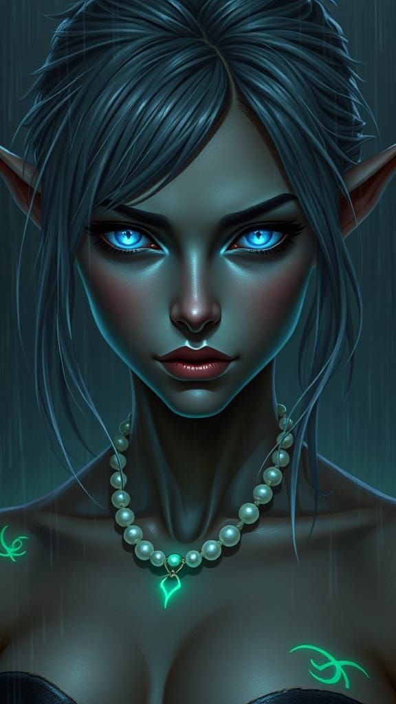 A female dark elf with bright blue glowing eye, a pearl necklace. She ...