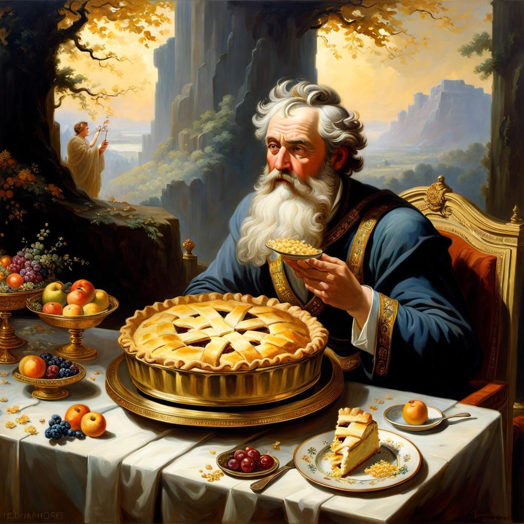 Zeus eating a beautifully decorated pie with golden flakes, beautifully ...