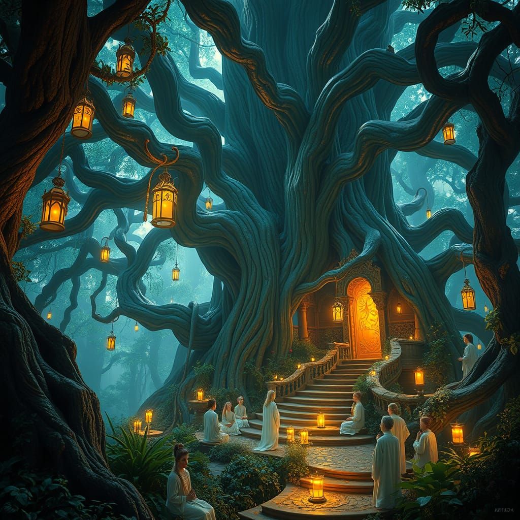 Enchanted Elven Refuge Amidst Ancient Tree Majesty - AI Art