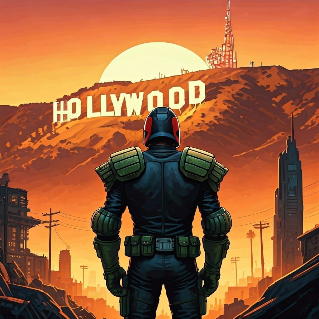 Judge Dredd Contemplates Retro-Futuristic Hollywoo... - AI Art
