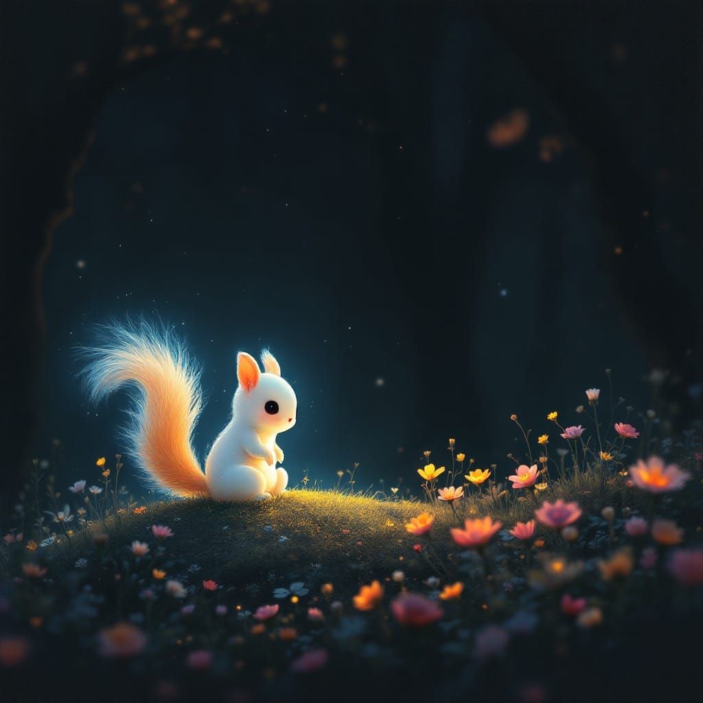 Little guy, big forest - Surreal Chibi Squirrel Ghost in Whi...
