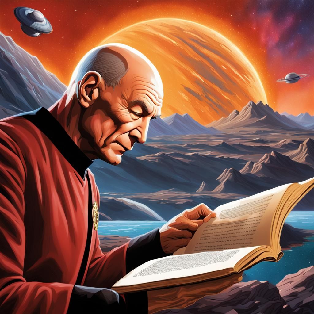 Captain Jean-Luc Picard reading a book titled "Raised By Rocks Moved By ...
