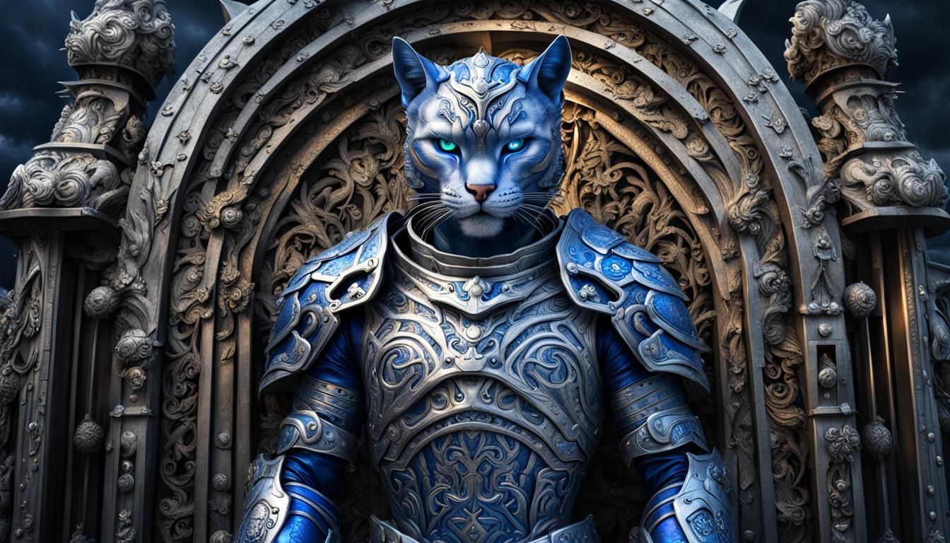 A Muscular Feline Cyborg Warrior in Blue And Silver Elaborate Armour ...
