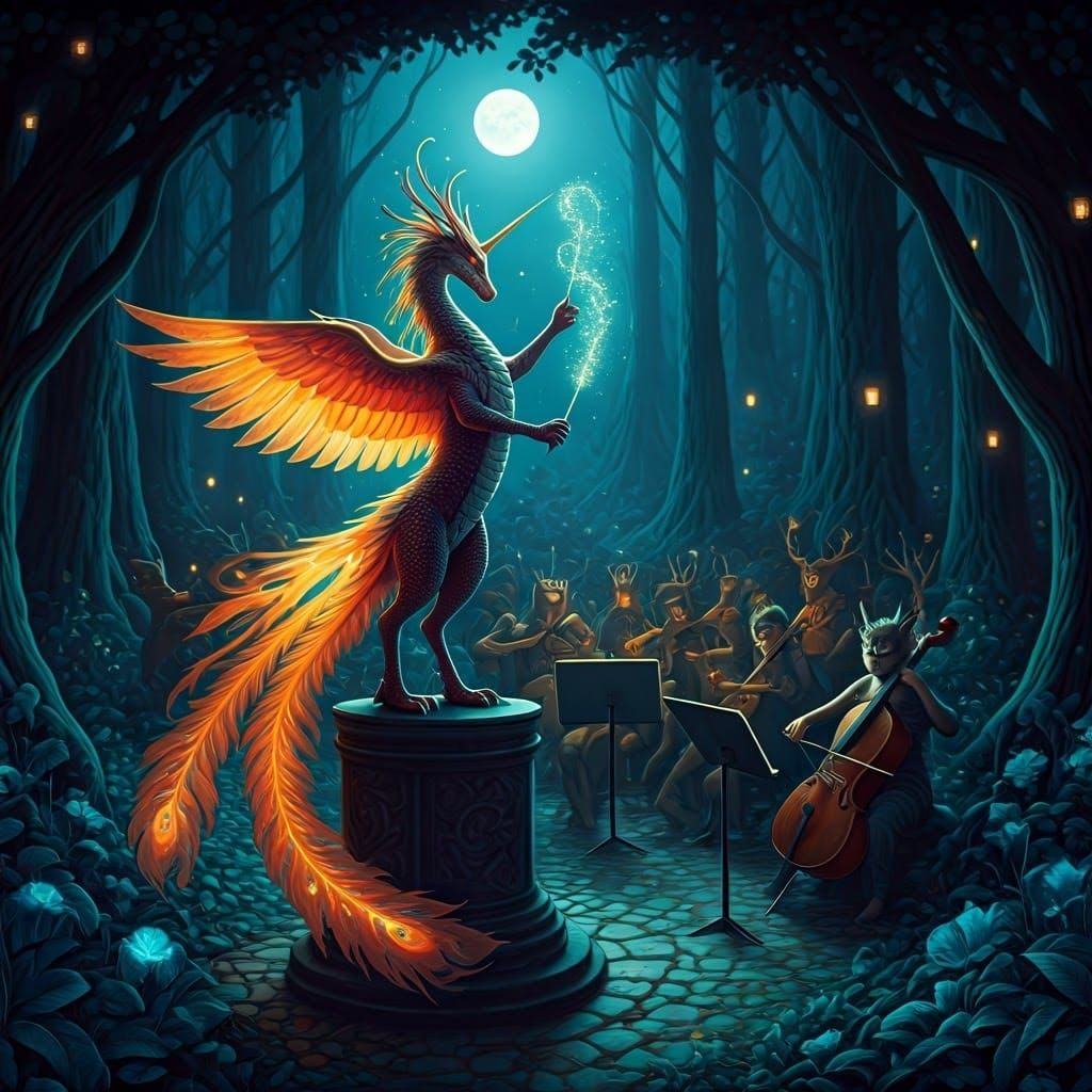 Mythical Creature Conductor in Enchanted Forest - AI Art
