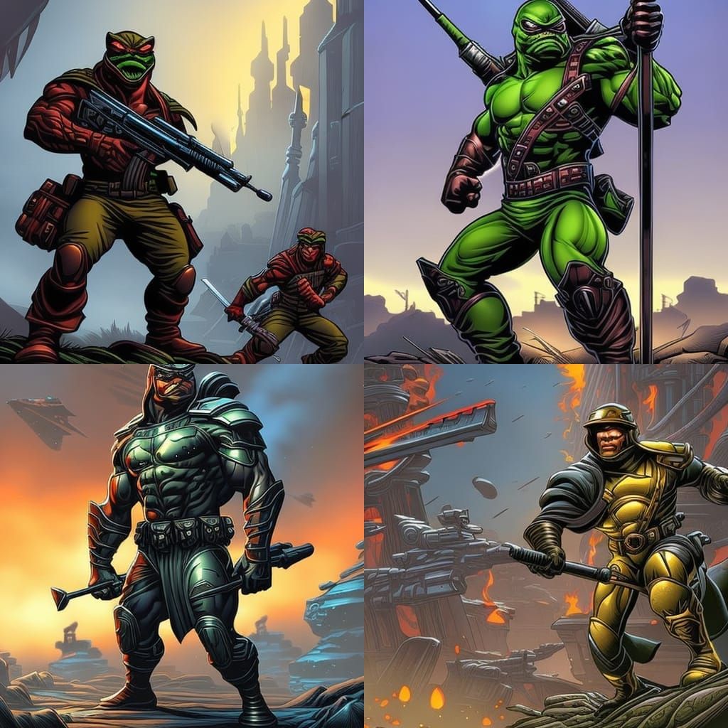 Pepe frog strong muscular soldier on harsh environment background - AI ...