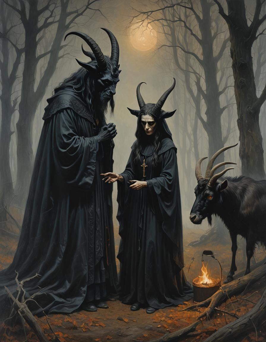 folk horror baphomet in black robes comforting young witch in creepy ...