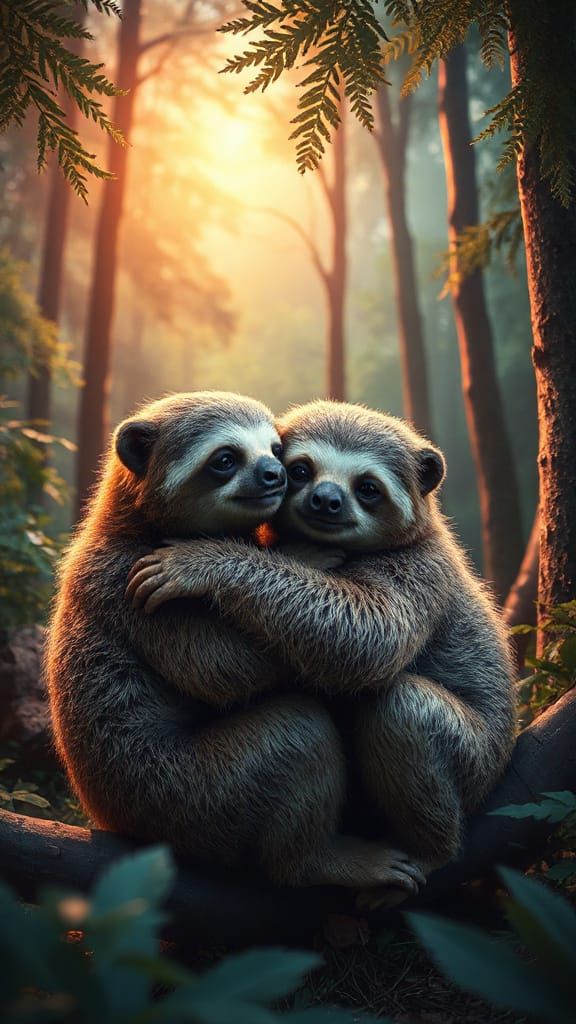 Two Sloths Embracing in a Vibrant, Detailed Forest... - AI Art