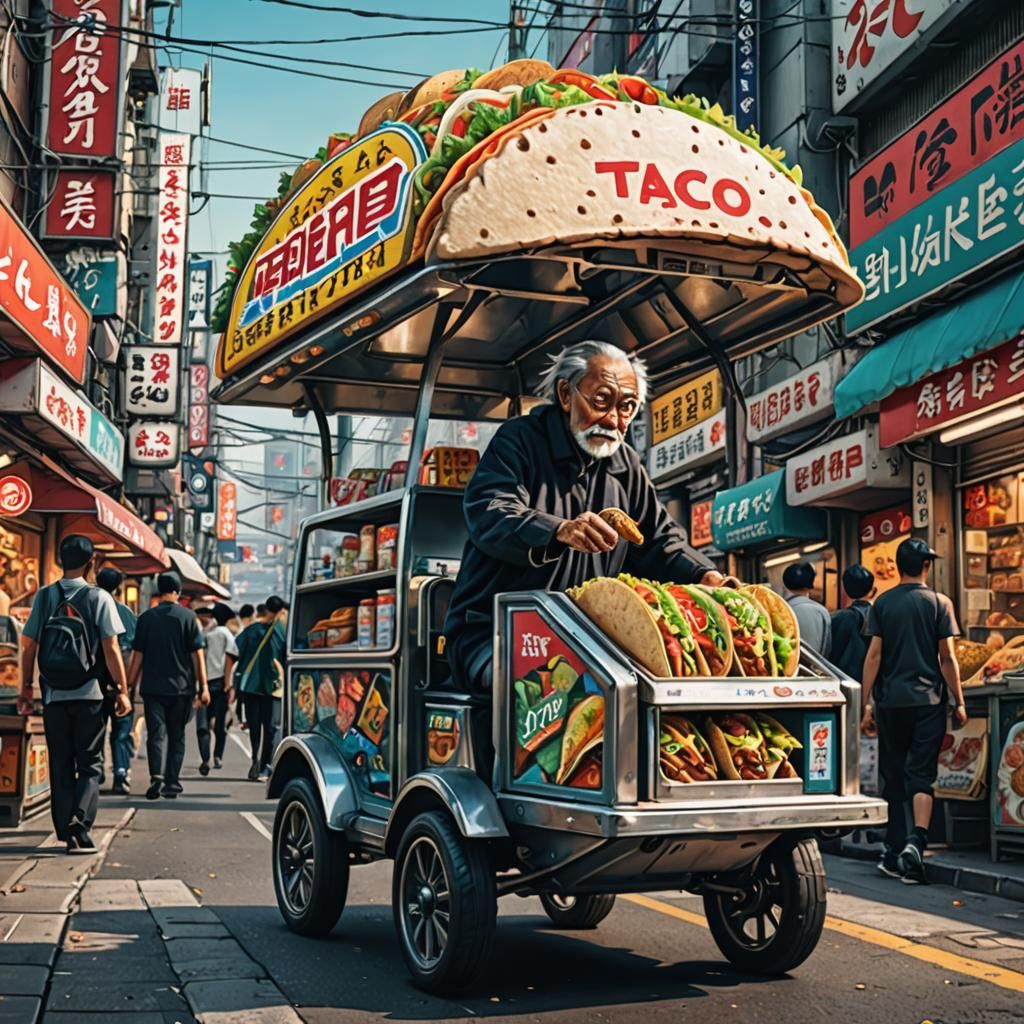 Taco dealer cart being pushed by an old man in a cyber punk futuristic ...