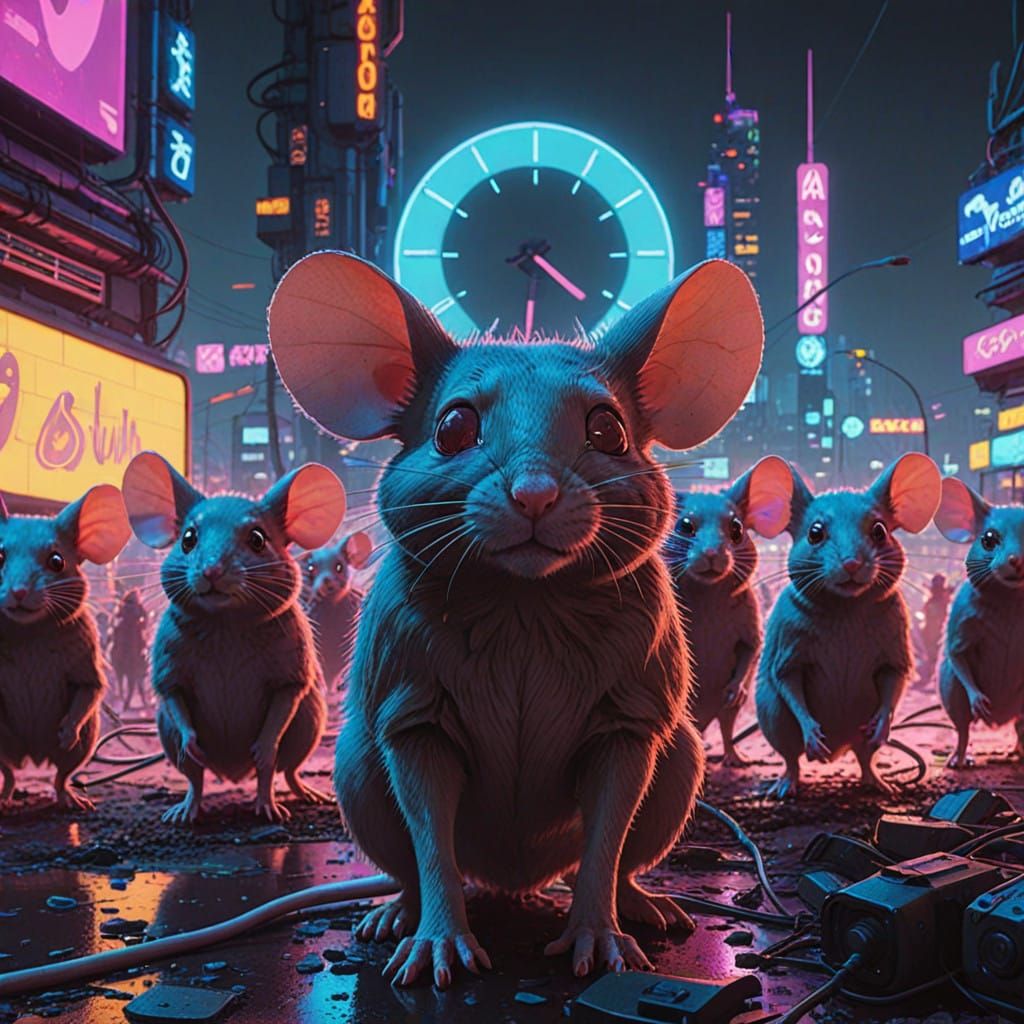 Mice in Neon Countdown Frenzy - AI Art