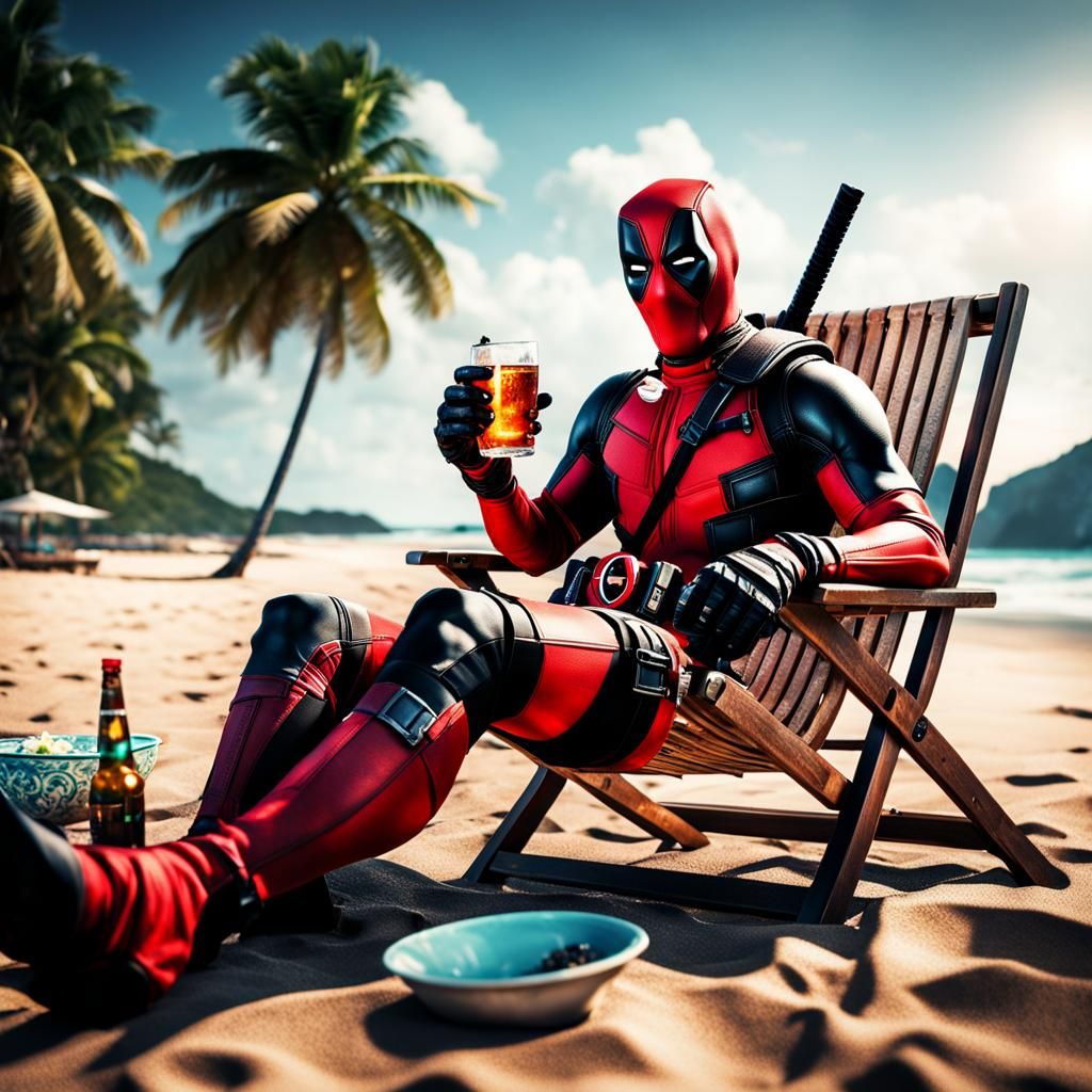 Deadpool lounging on the beach drinking Mhai Thai, intricate details ...