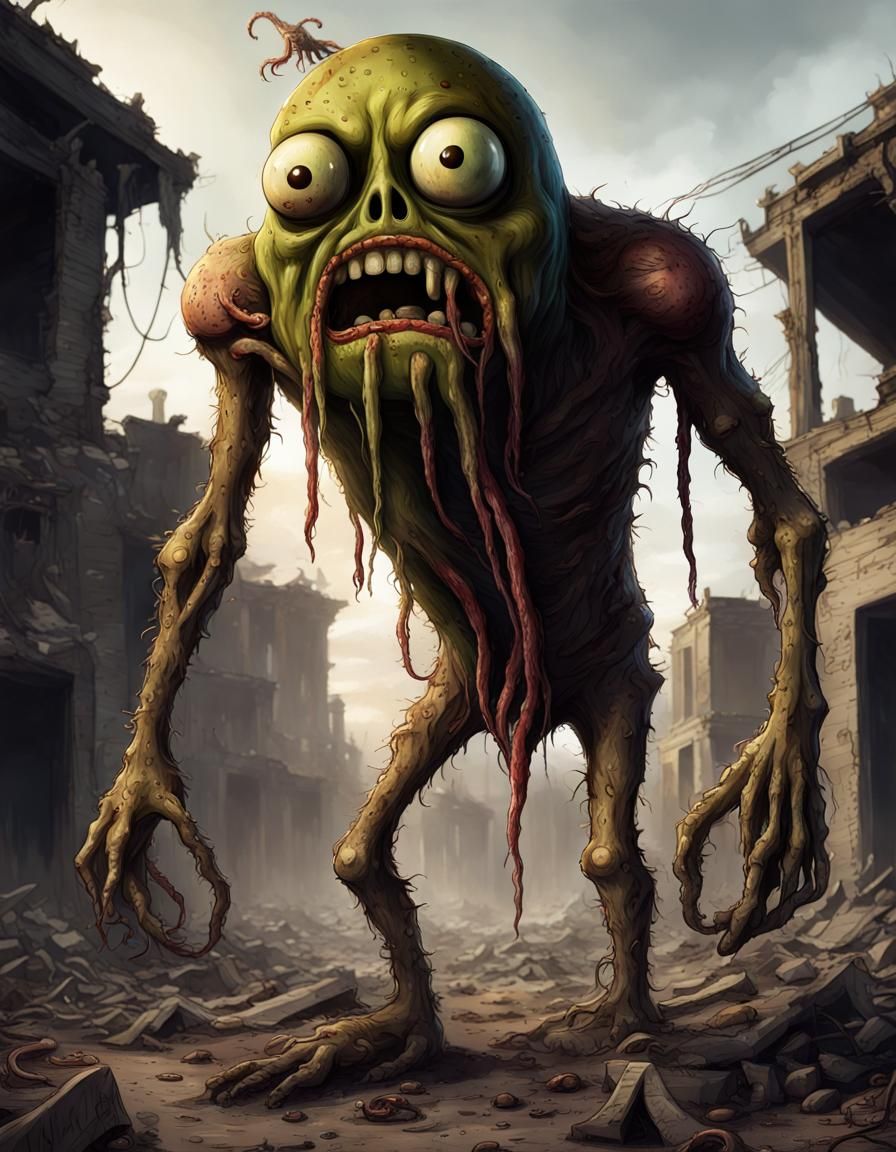 An anthropomorphic rotten pickle zombie, with a monstrous face, arms ...