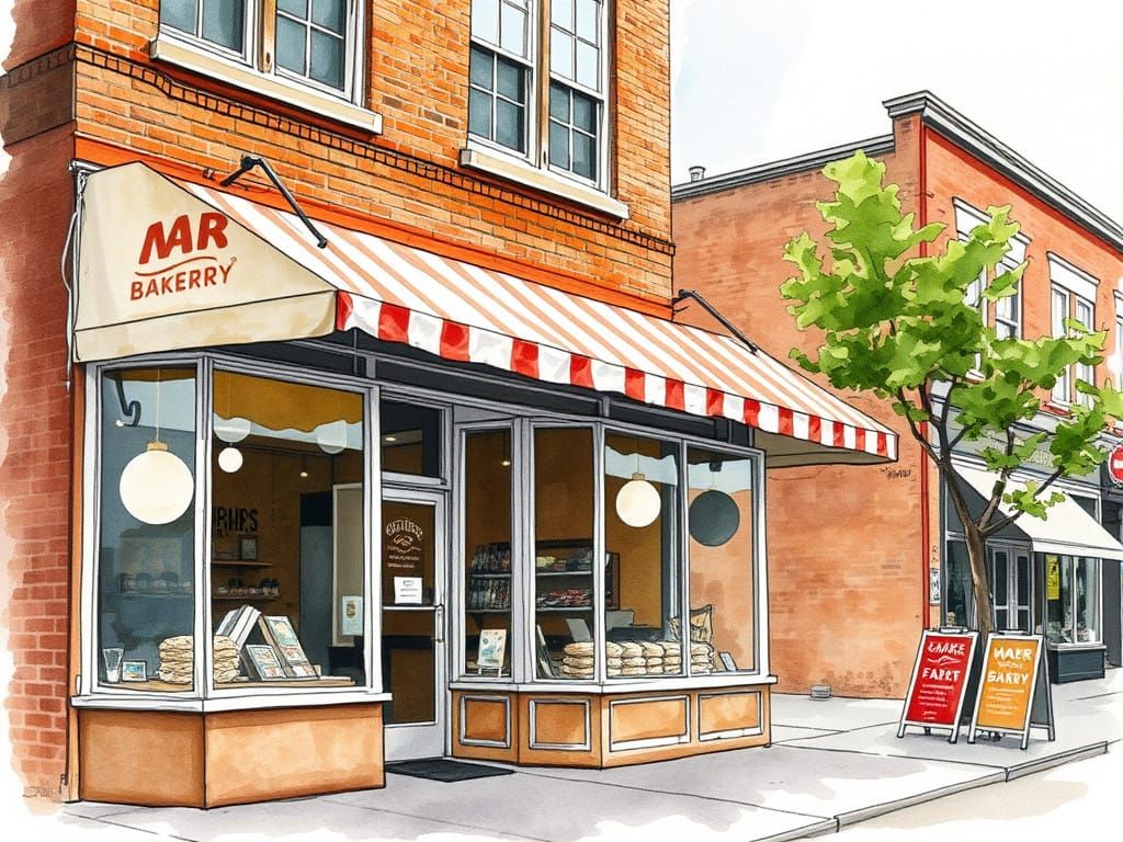 Charming Brick Bakery with Vibrant Awning in Impas... - AI Art