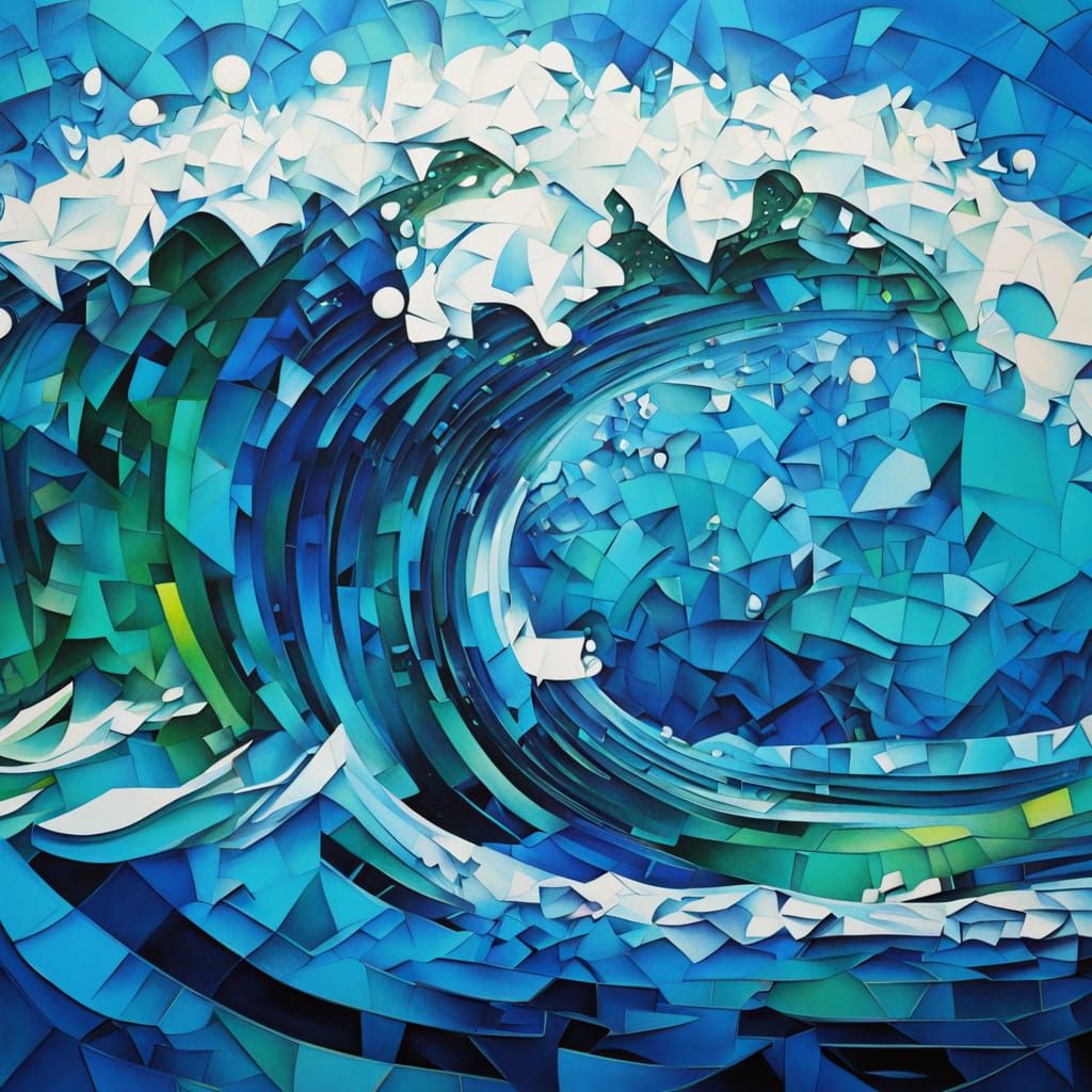 Vibrant Cubist Masterpiece: Deep Sea Wave with Iri... - AI Art