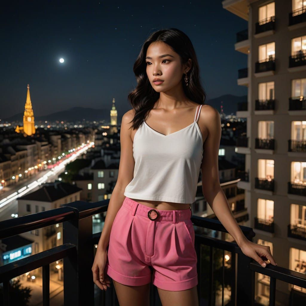 Confident Teenage Girl in Preppy Pink Outfit at Ni... - AI Art