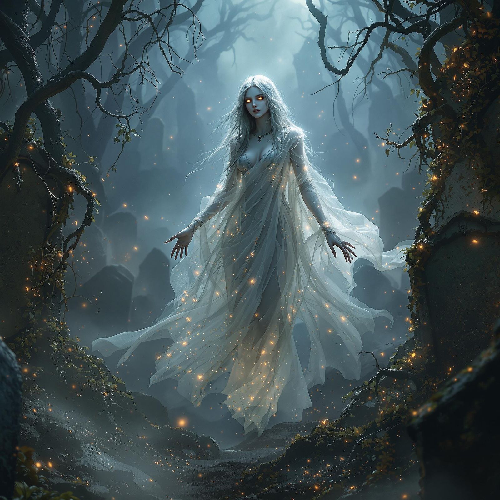 Banshee floating lonely through a cemetery