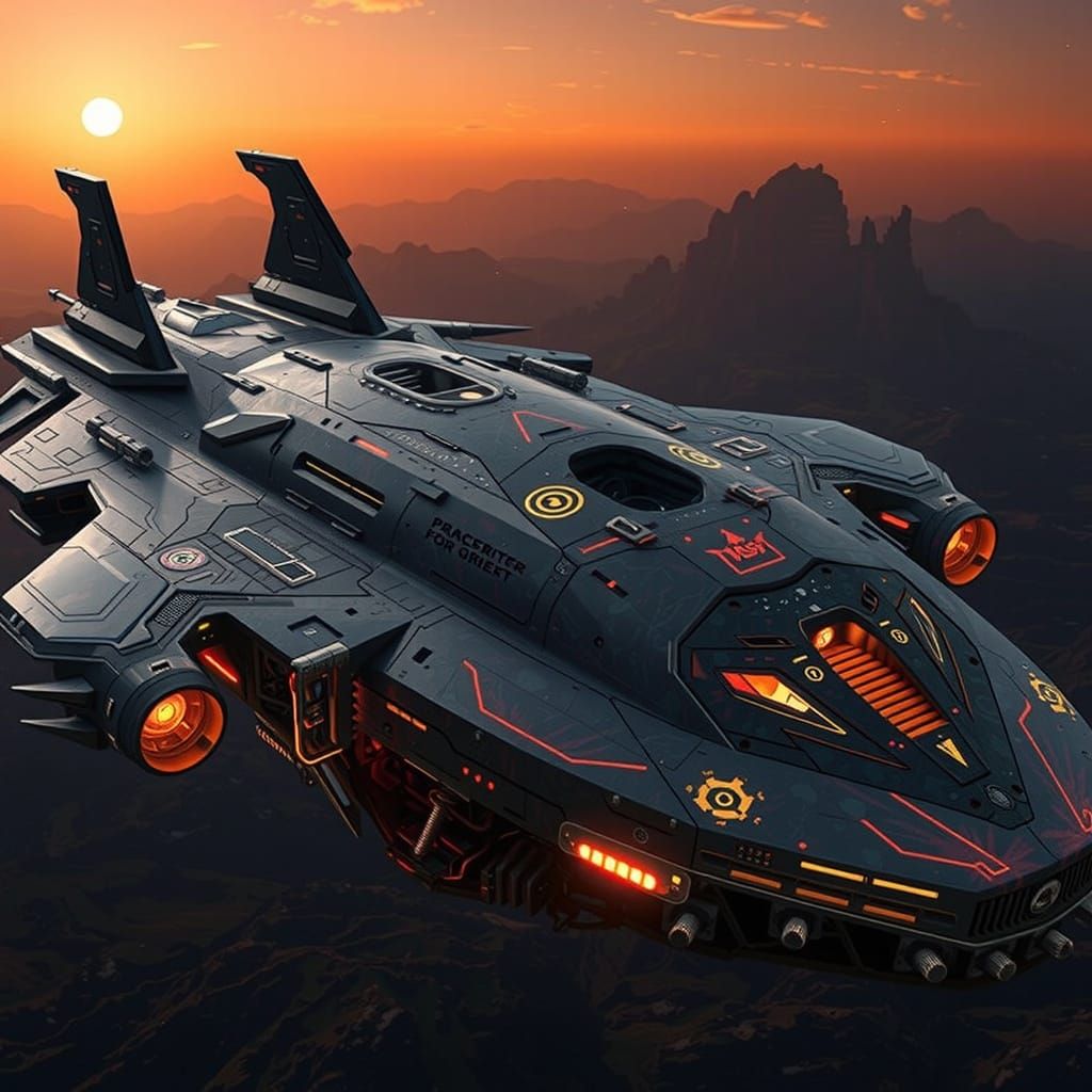 A majestic, silver-hulled space pirate starship, adorned with sharp ...