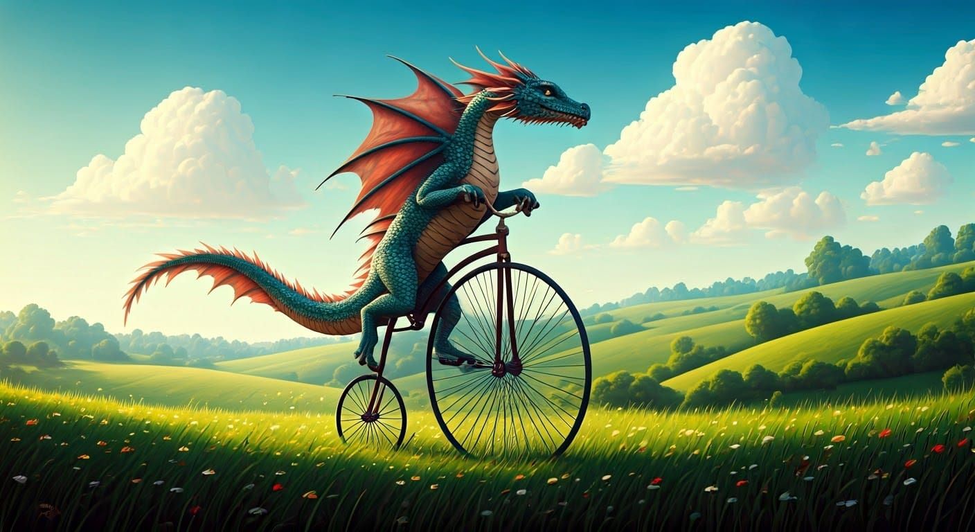Dragon riding a Penny-farthing - Dragon riding a Penny-farth...