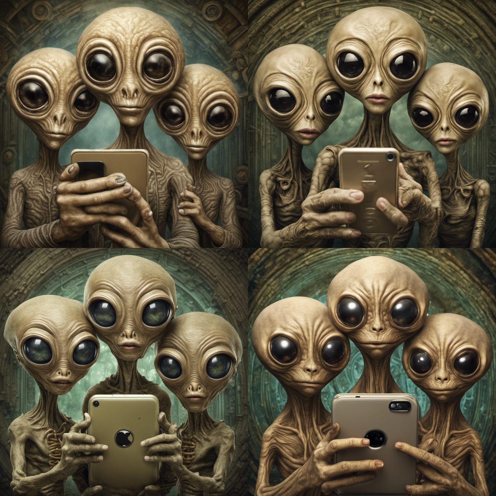 a trio of strange looking aliens taking a selfie holding up a cell ...