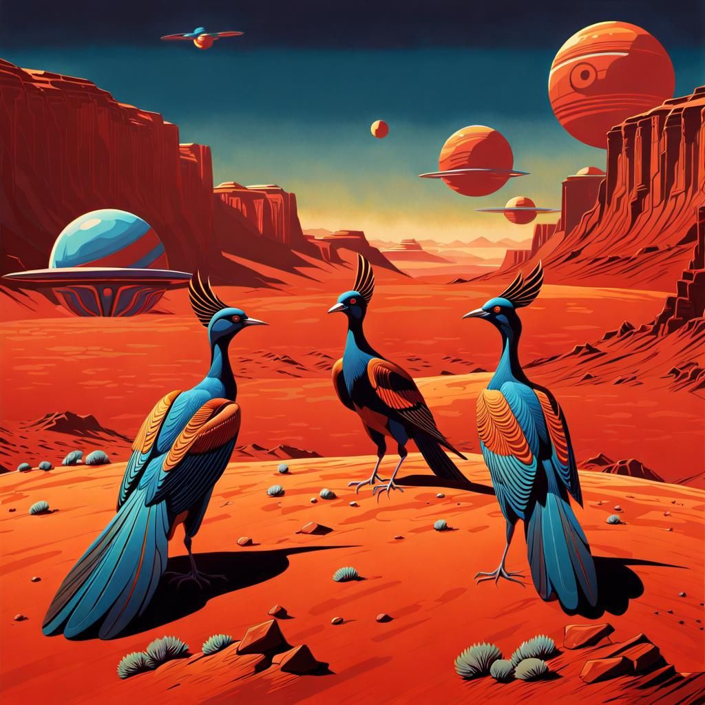 Retrofuturism: colorful birds on Mars