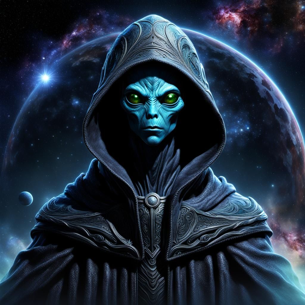 Hooded alien creature, close up of face, dark nebula cloak In Endless ...