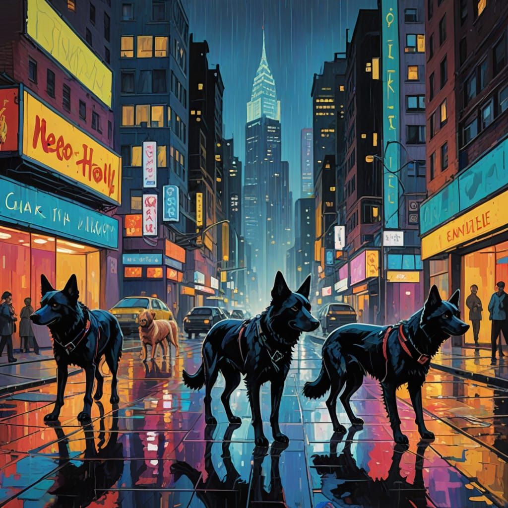 Cyberpunk City Canines Patrol Futuristic Homes - AI Art