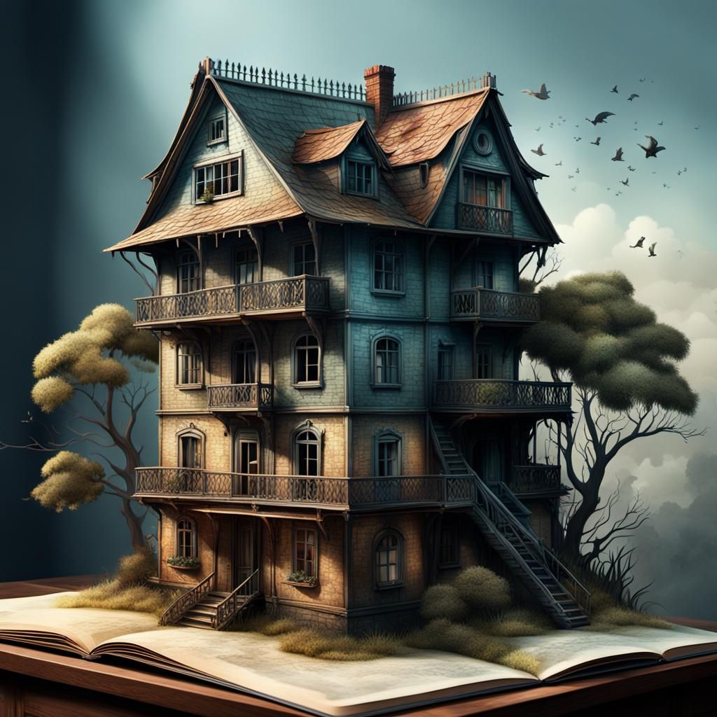 A pop up book with multi-storey rickety old house enside - AI Generated ...