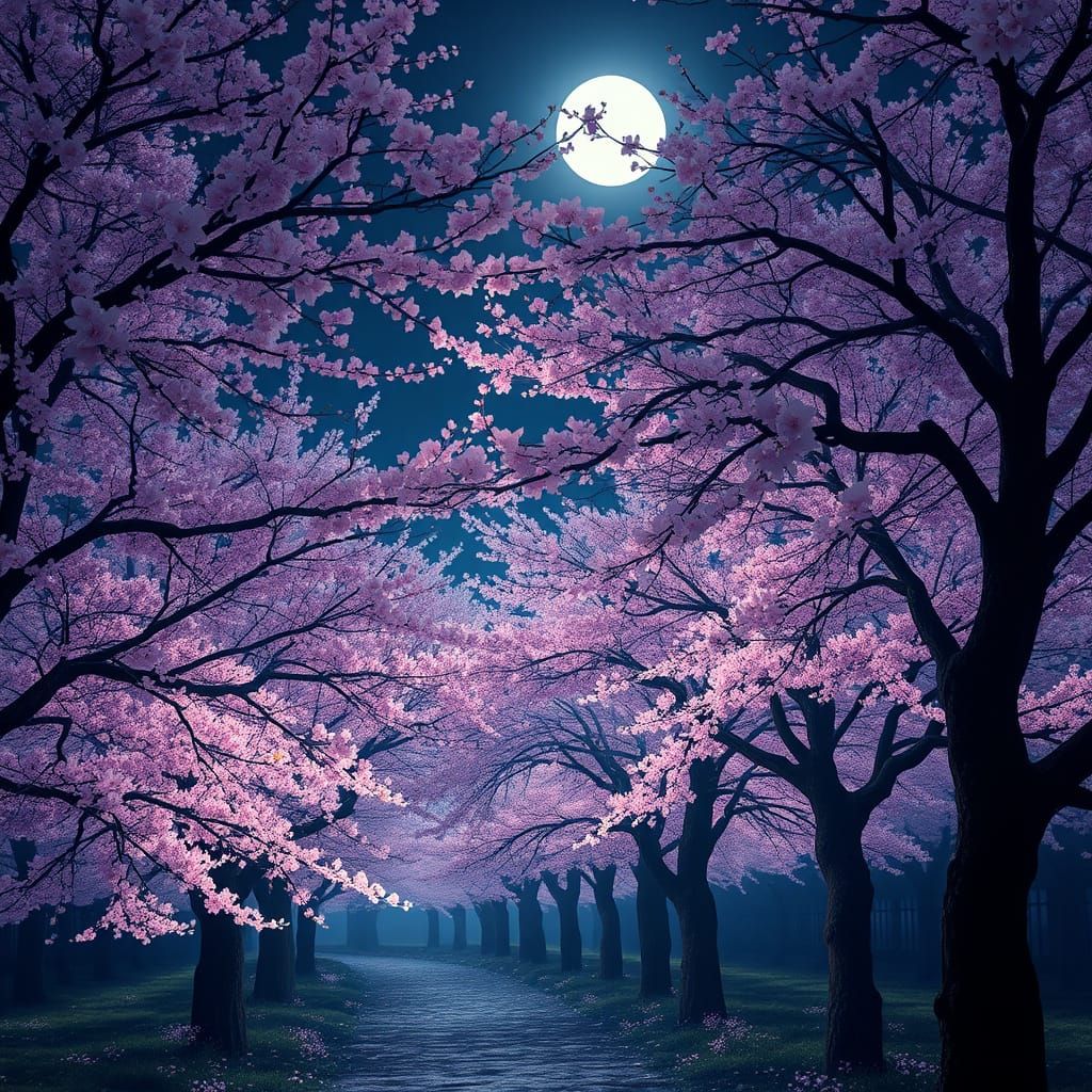 Midnight cherry tree forest - Midnight Cherry Blossom Wonder...