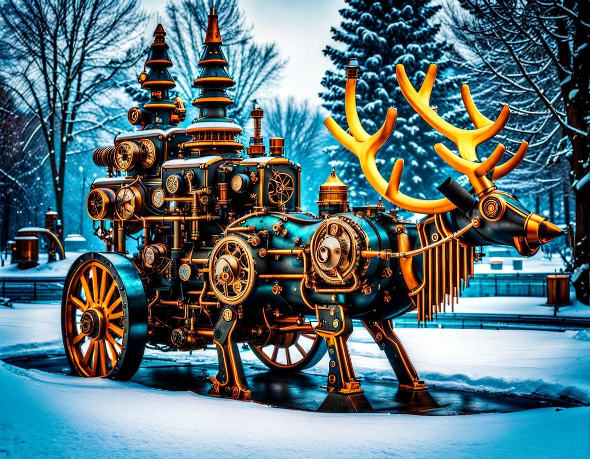 A Steampunk Reindeer in the Winter Snowy Wonderland - AI Generated ...