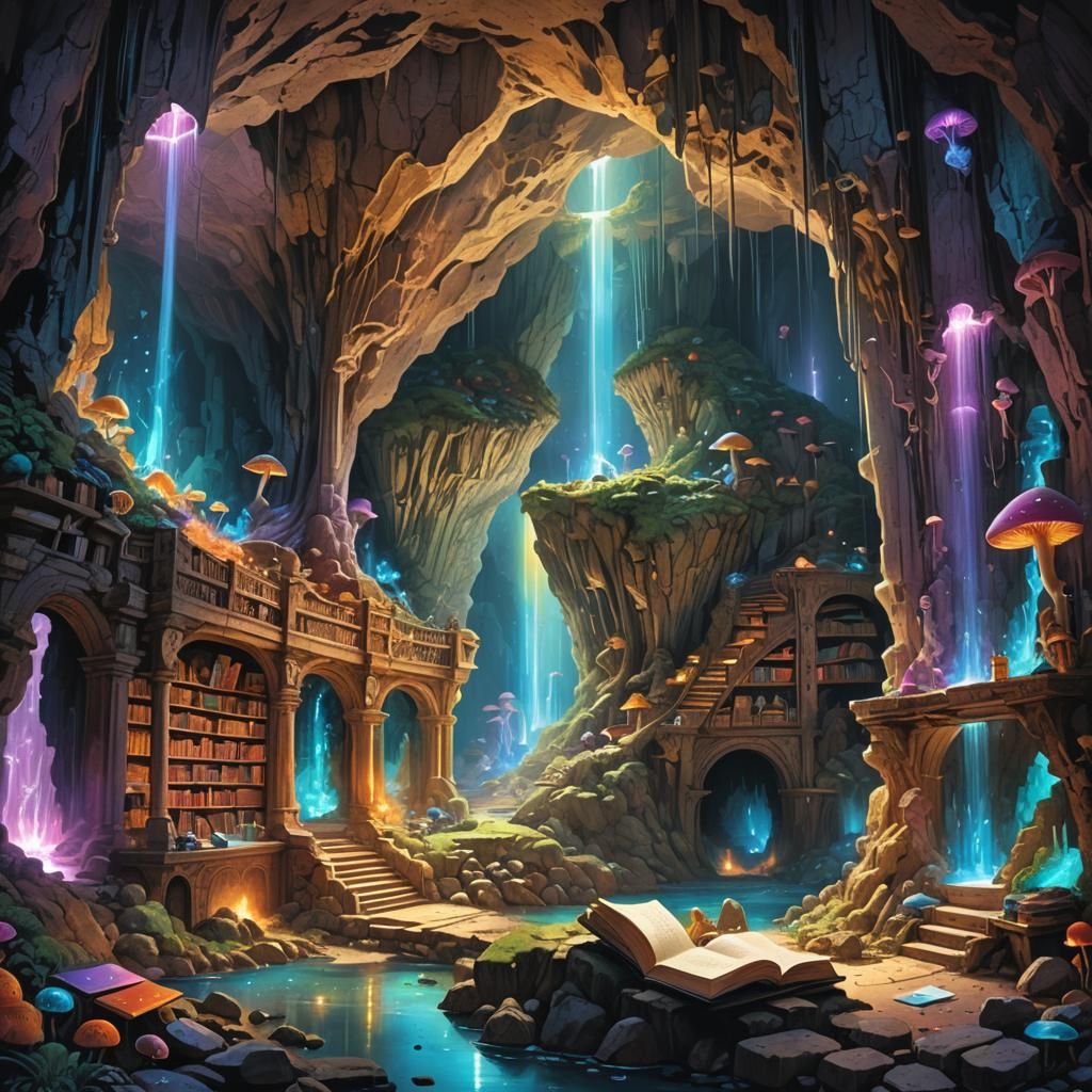ancient library full of books and scrolls inside a cave with ...