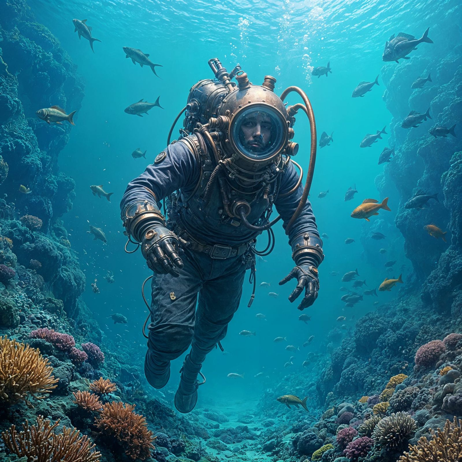 Steampunk Diver Explores Vibrant Ocean Floor - AI Art