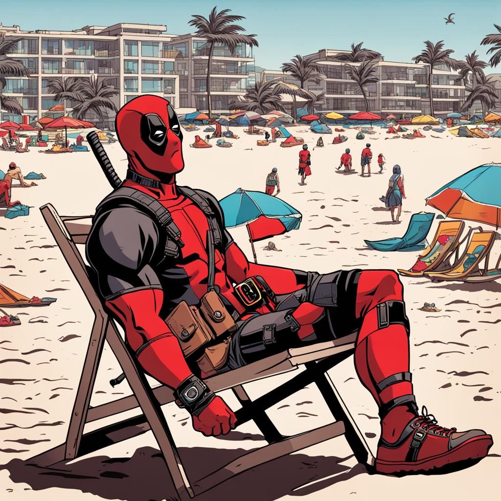 Deadpool at the beach for vacation, crowded beach, wearing sunglasses ...