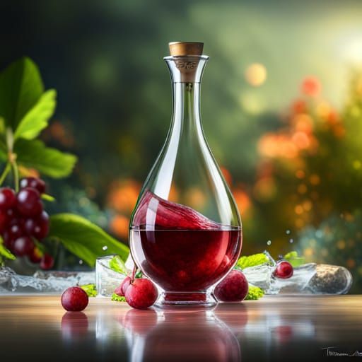 glass of red wine on crystal decanter, double splash art, green wine ...