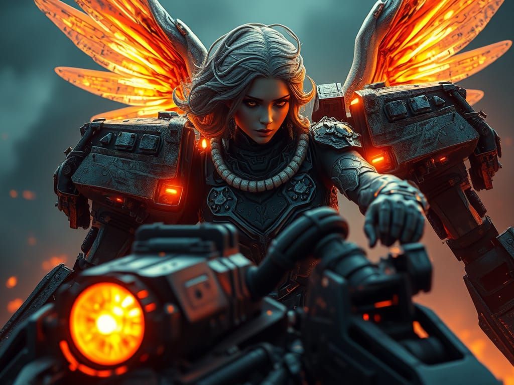 Female angelic mech warrior - Serene Warrior Amidst Ruin in ...