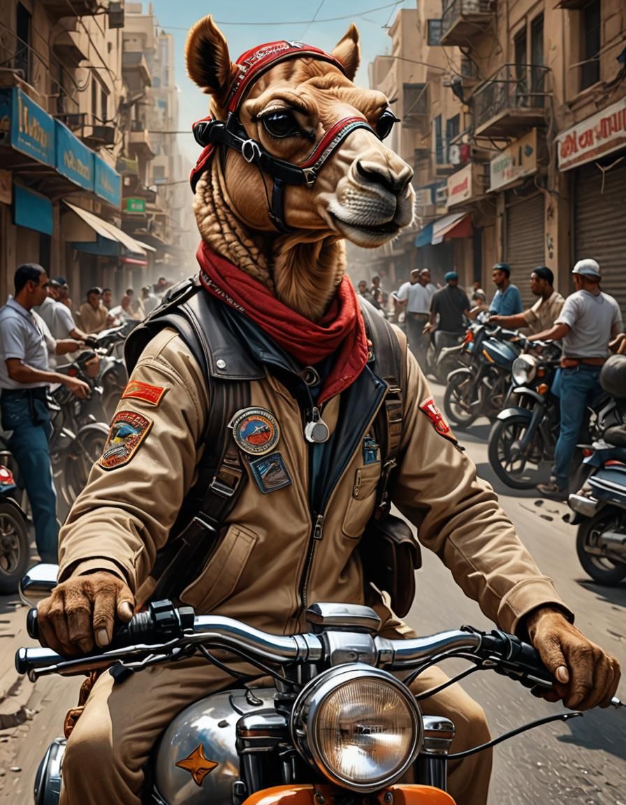 a camel on a bike in Cairo - AI Generated Artwork - NightCafe Creator