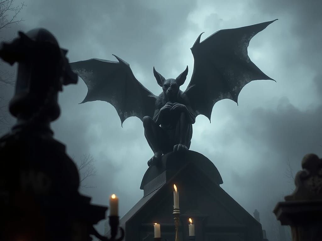 Gargoyle - Marble Gargoyle in Fog-Shrouded Cemetery, Dark Ro...