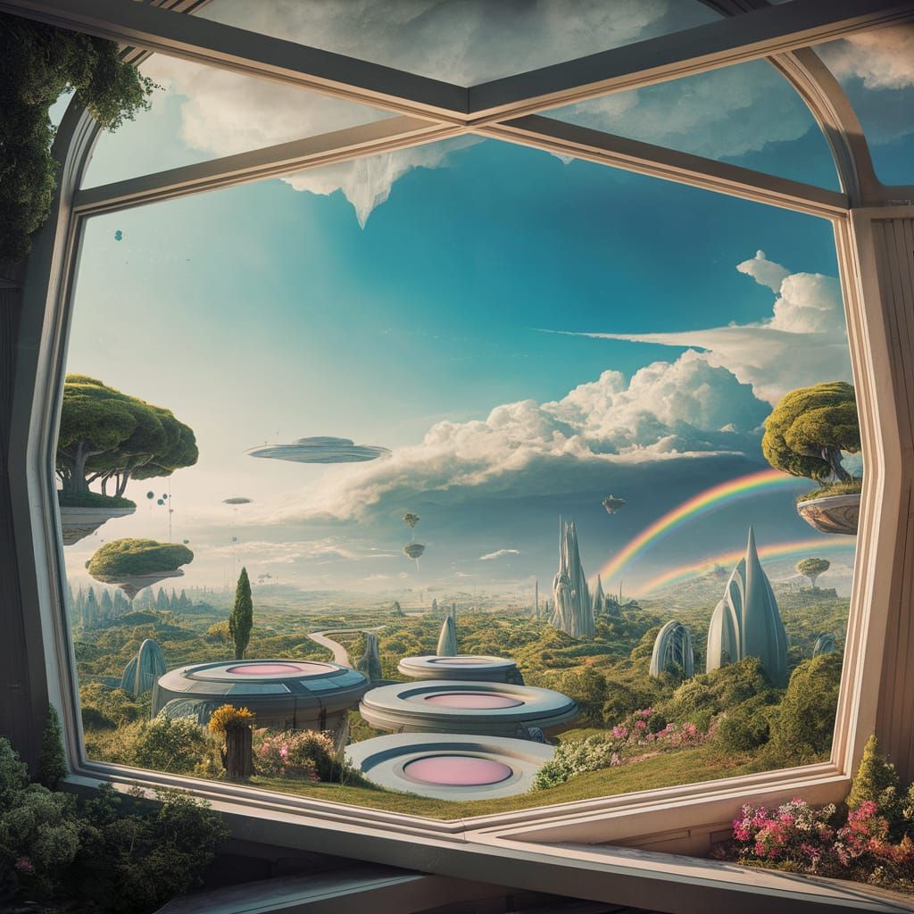A breathtaking view from an oversized window, revealing a surreal and ...